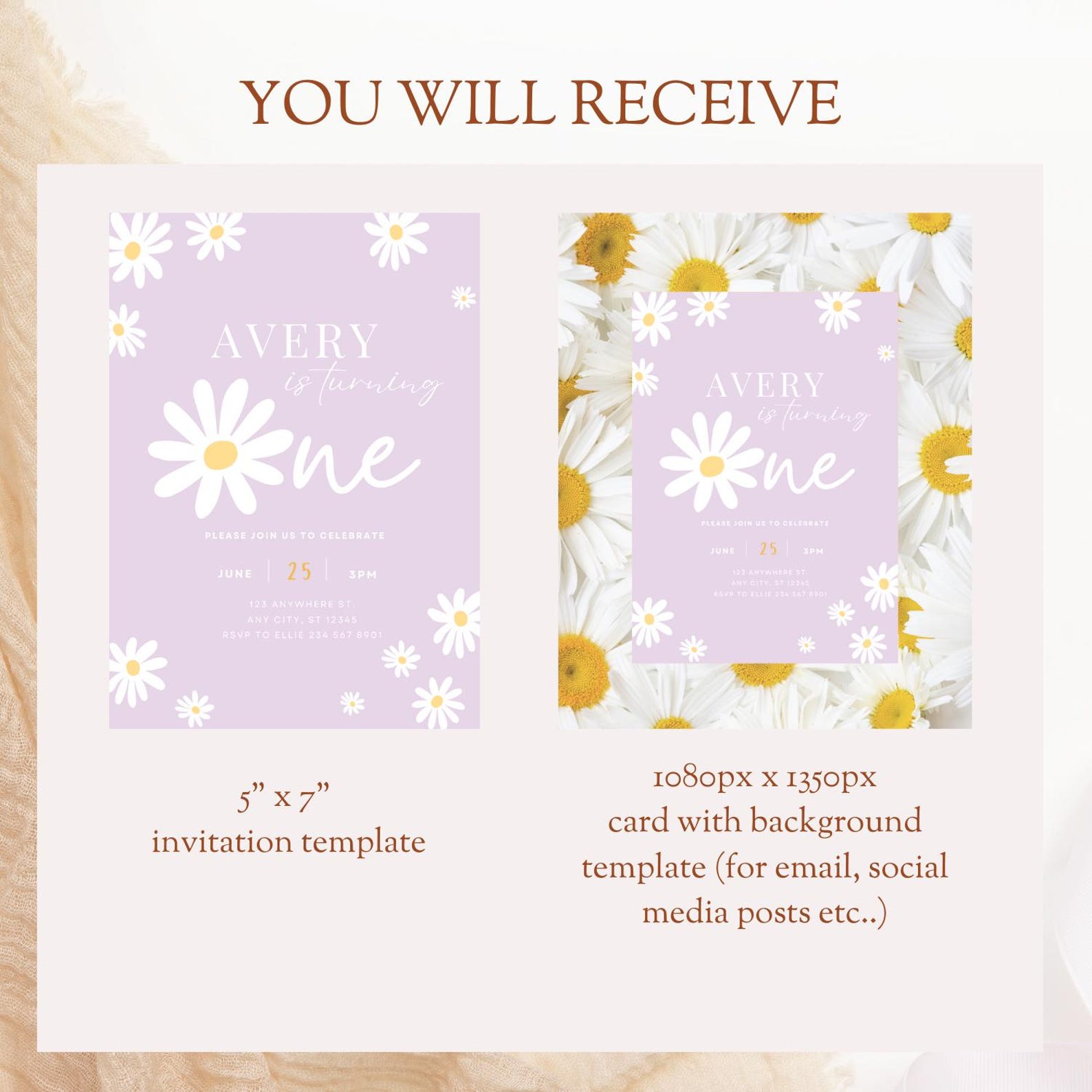 Editable Daisy Birthday Invitation AND With Background, Flower 1st ...