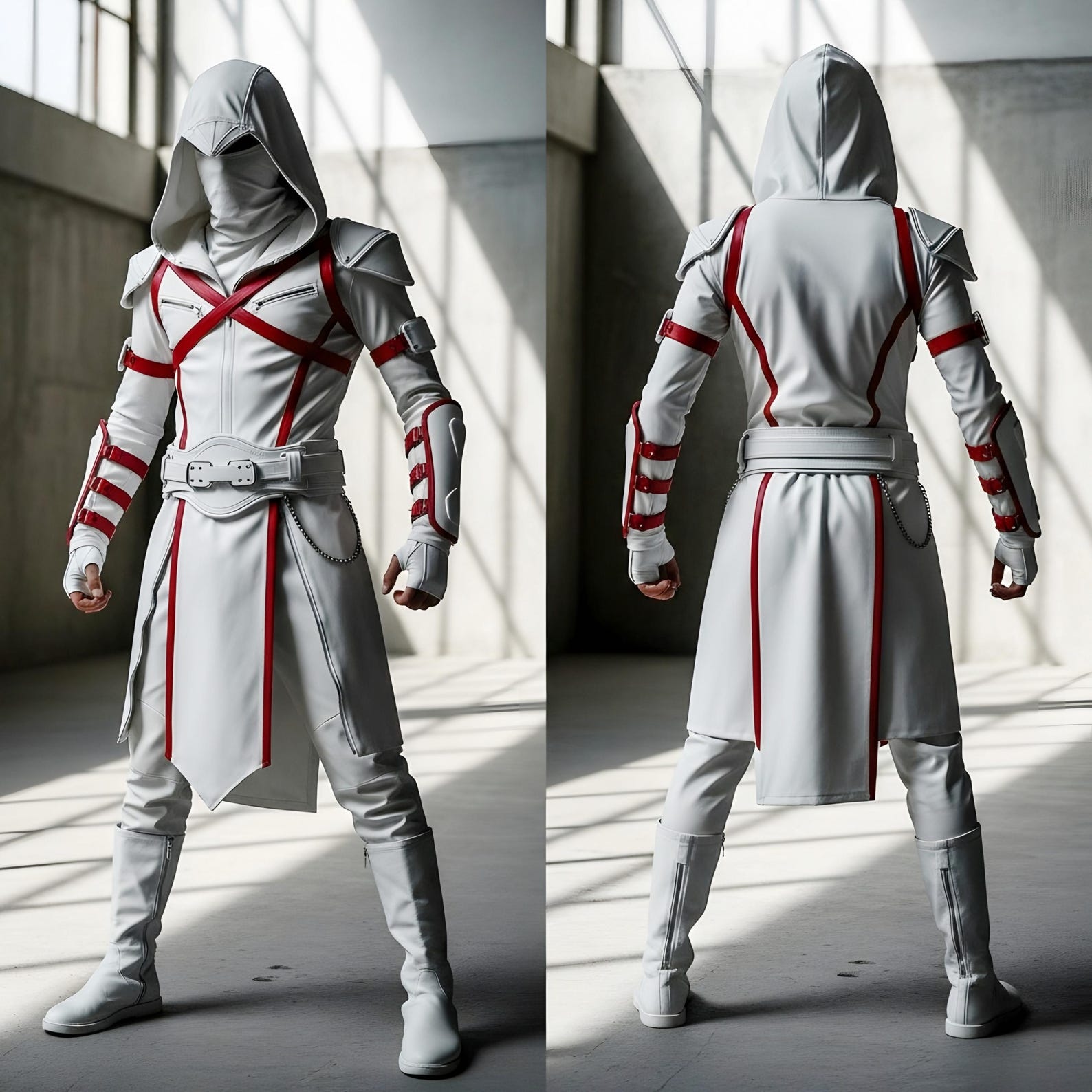 Genuine Leather White Assassin Costume – Hooded Leather Coat With Red ...