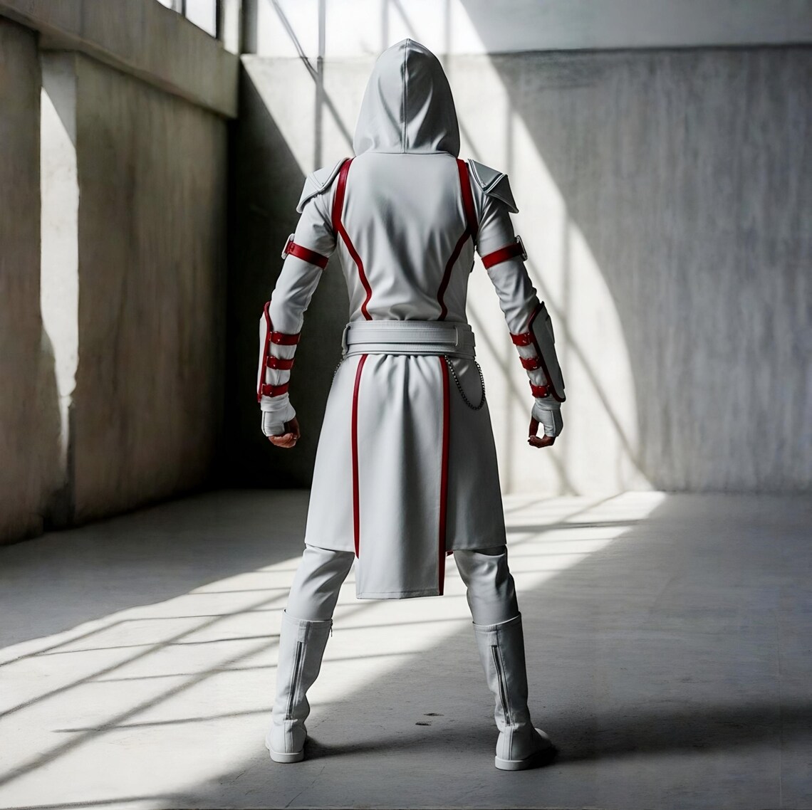 Genuine Leather White Assassin Costume – Hooded Leather Coat With Red ...