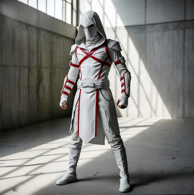 Genuine Leather White Assassin Costume – Hooded Leather Coat With Red ...