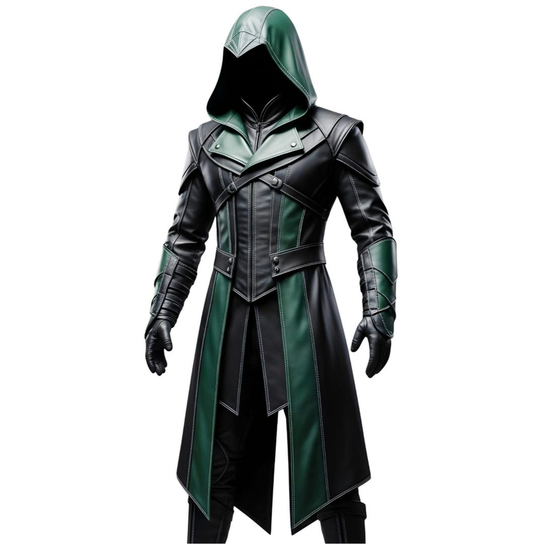 Genuine Leather Assassin Costume – Black and Green Hooded Warrior Coat ...