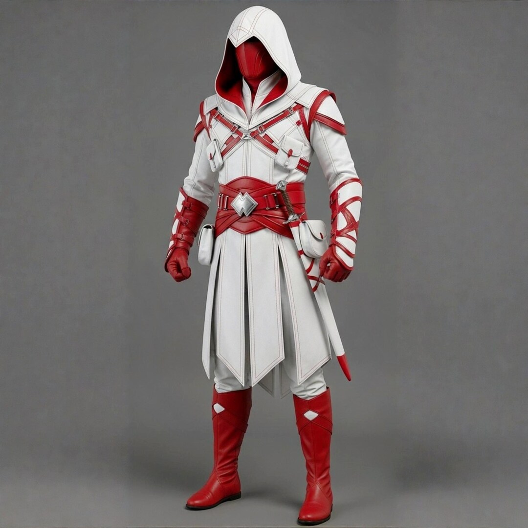 Genuine Leather Assassin Costume Set – White and Red Hooded Assassin ...