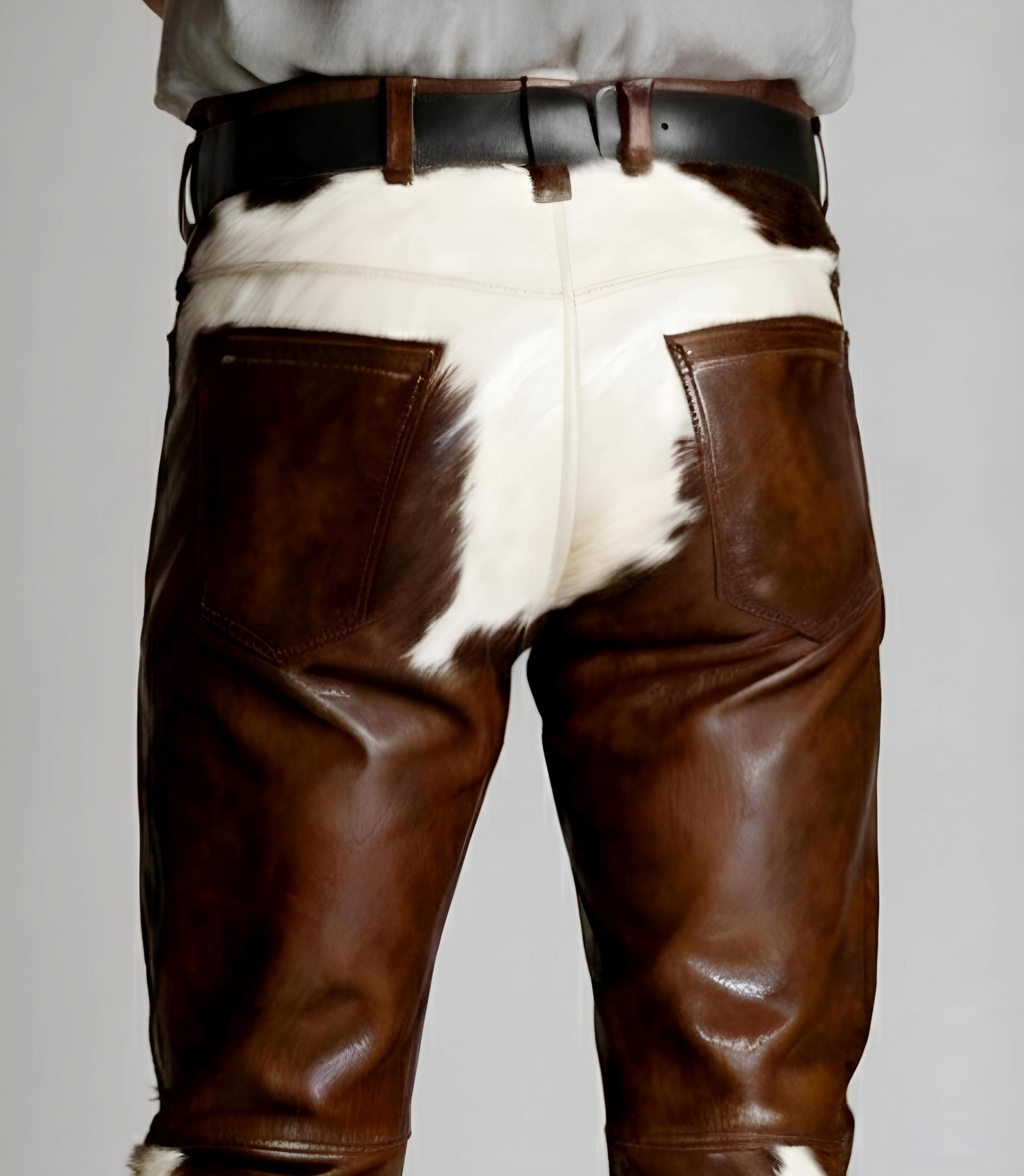 Men’s Genuine Cowhide Leather Pants – Brown & White Hair-on Western ...