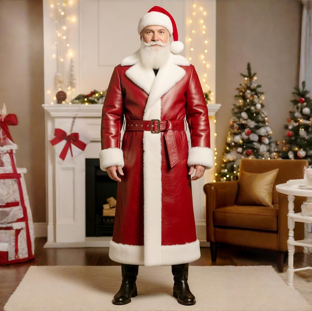 Handmade Genuine Leather Santa Claus Coat –christmas Costume With White ...