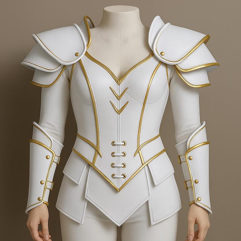 Genuine Leather Fantasy Armor – White & Gold Women’s Warrior Costume ...