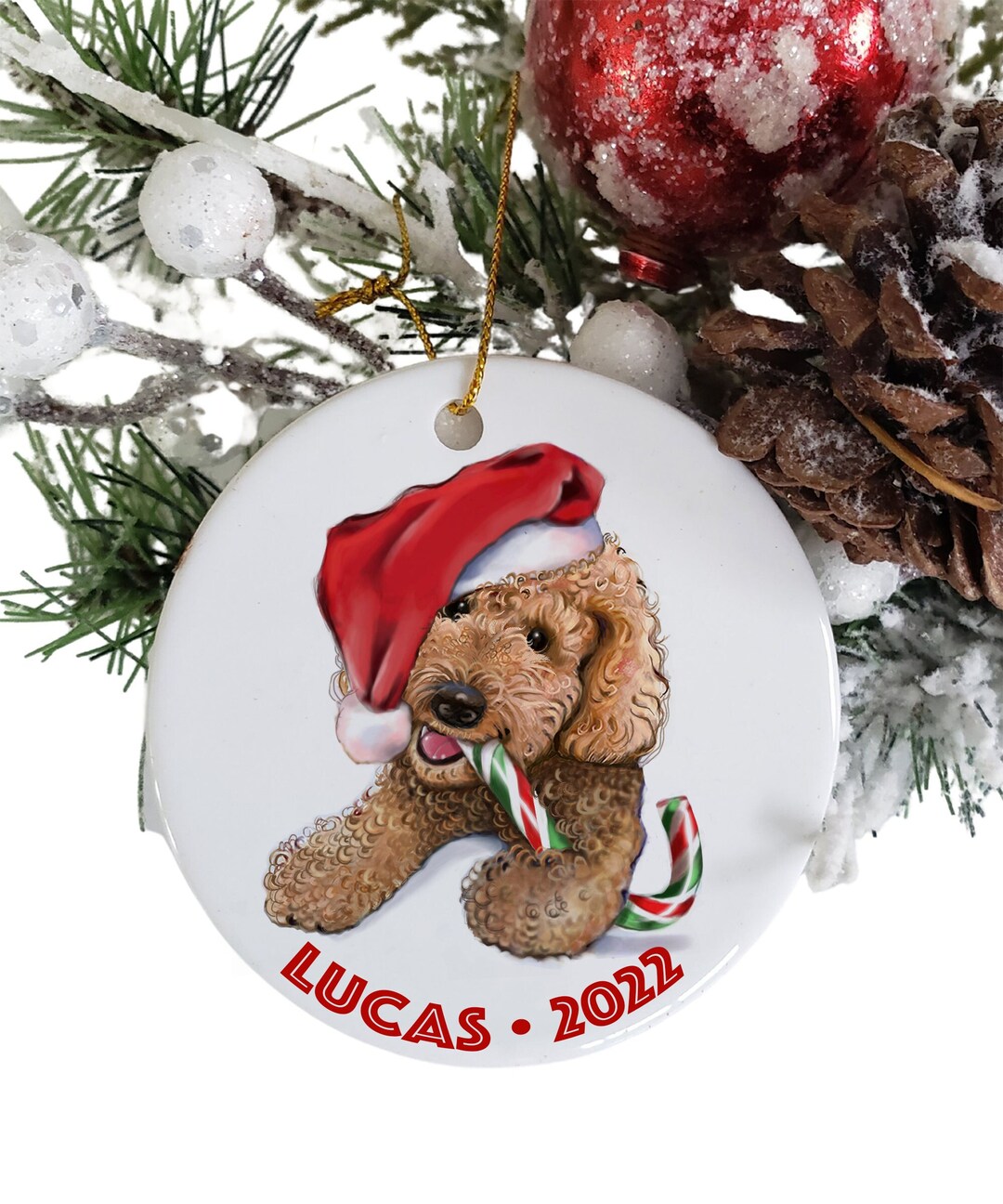 Personalized Mini Goldendoodle Hanging Ornament, Red Golden Doodle Dog ...