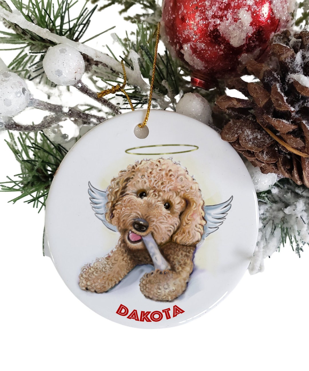 Personalized Mini Goldendoodle Dog Memorial Ornament, Ceramic Red ...