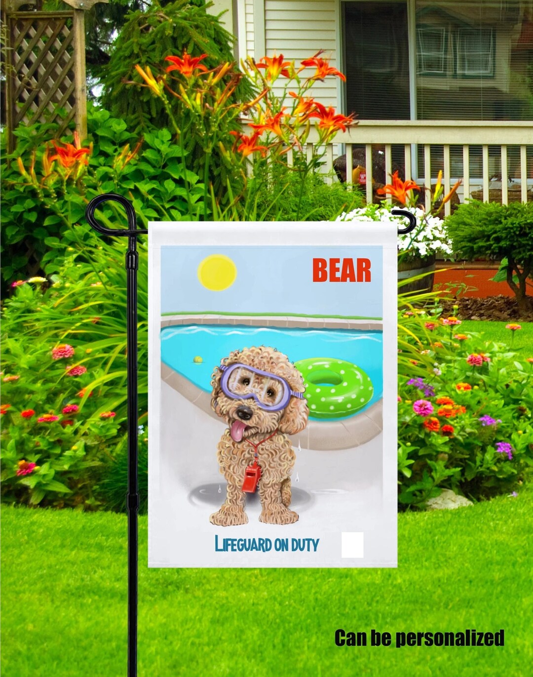 Personalized Welcome to Our Pool Flag W Red Goldendoodle Art, Pool ...