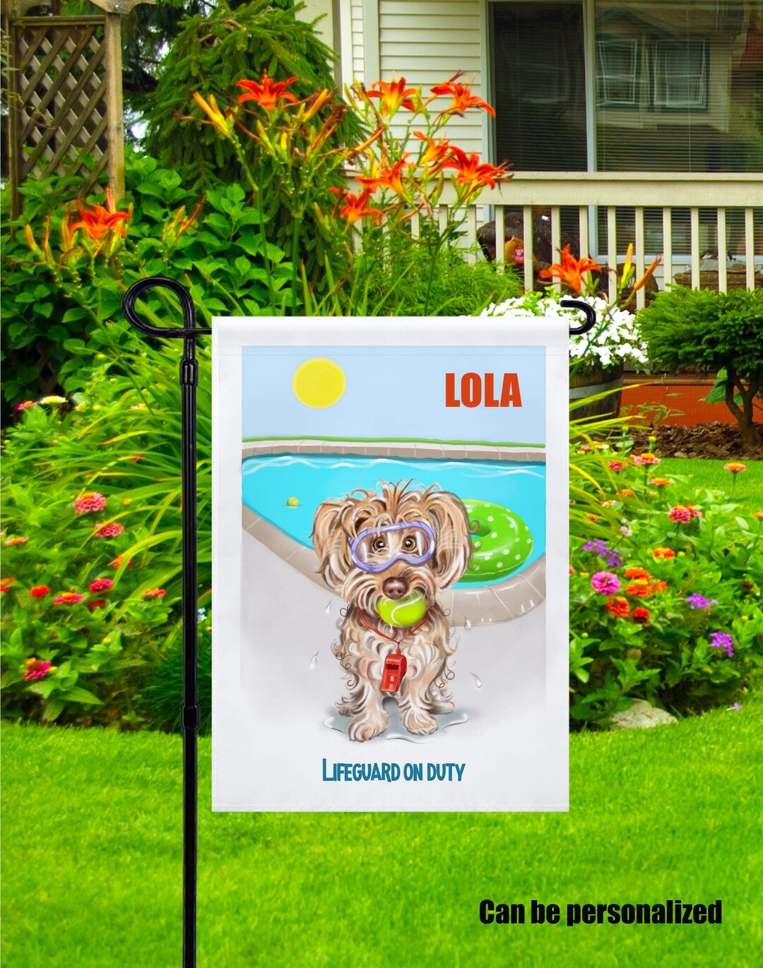 Personalized Yorkie Poo Art on Yard Flag, Welcome to Our Pool Flag ...