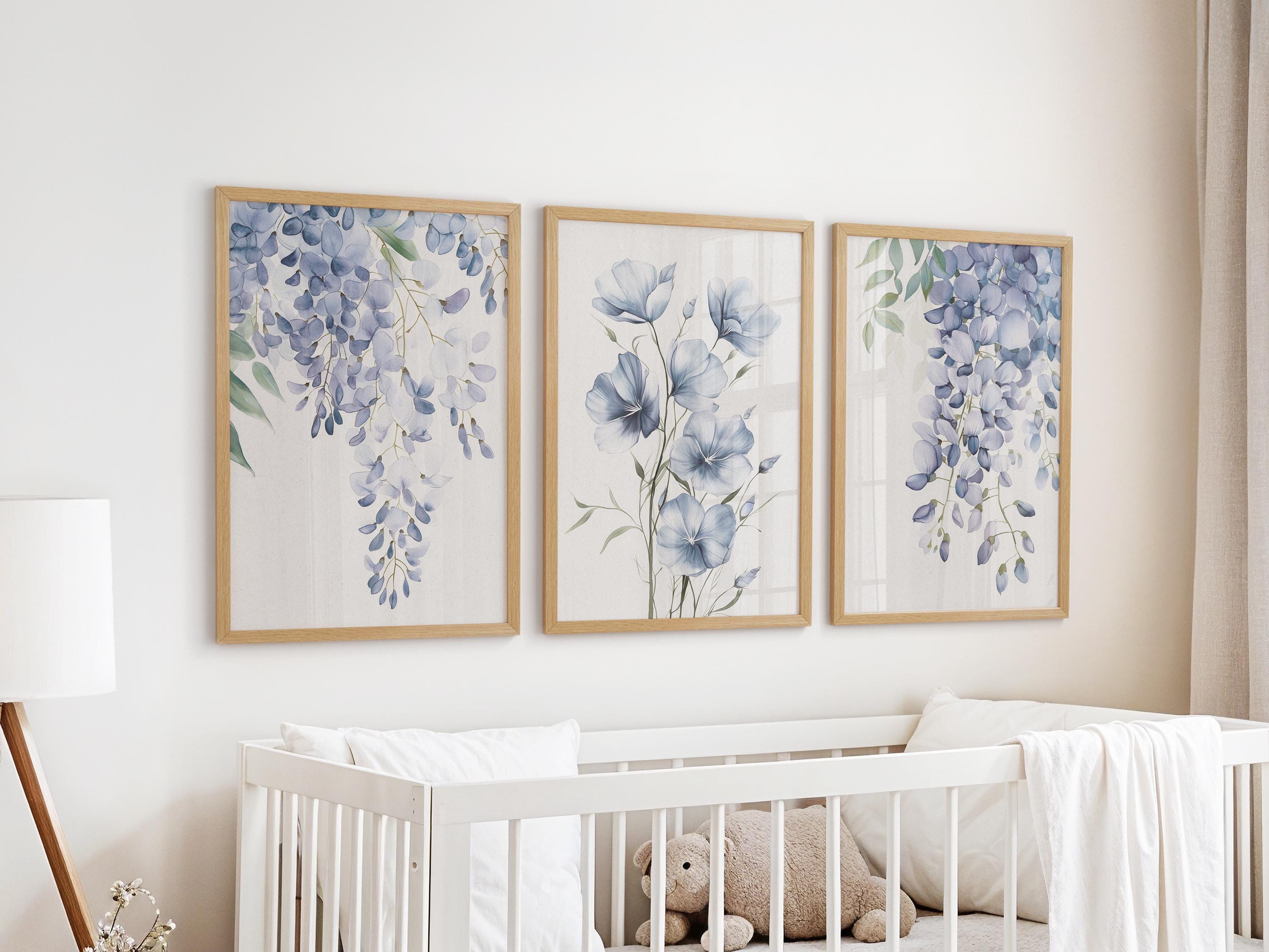 Blue Floral Watercolor Art Prints: Light Blue Botanical Wall Decor, Set ...