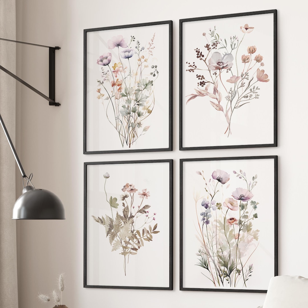 Set of 4 Prints Watercolor Flowers, Botanical Wall Art, Spring Floral ...