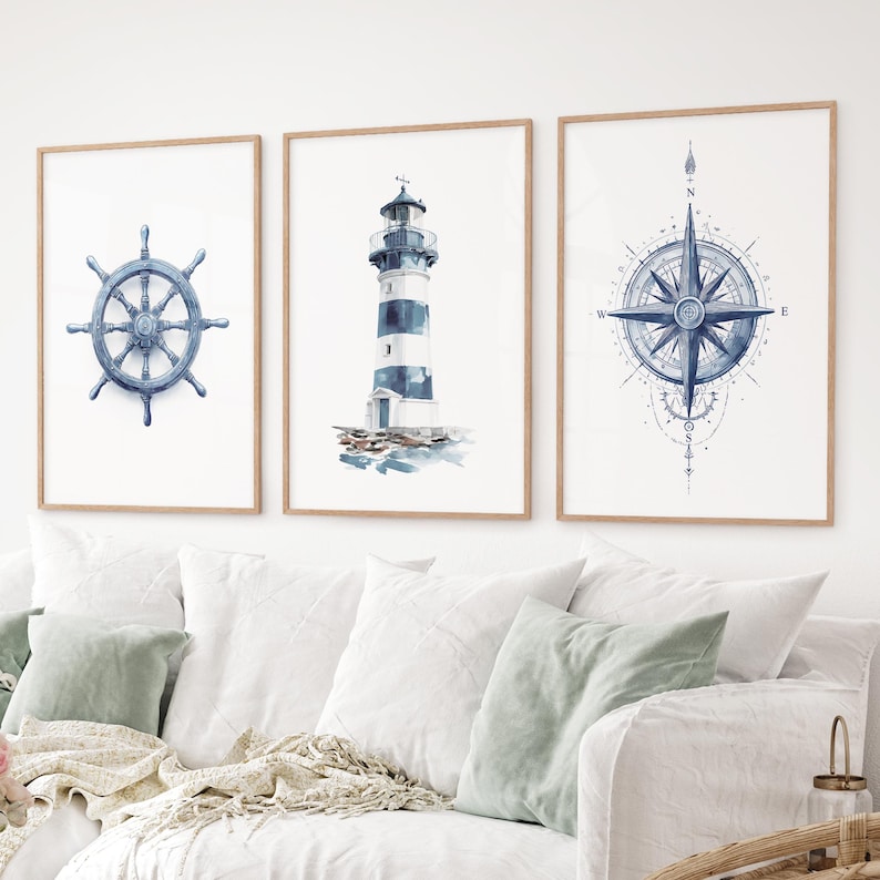 Nautical Art Print Set: Navy Lighthouse, Boat, Ocean Theme - Etsy