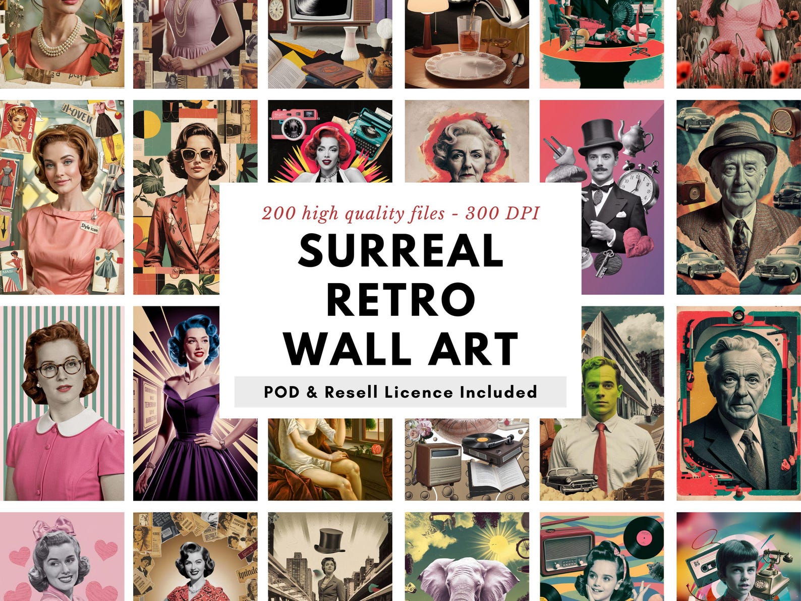 Retro Vintage Collage Wall Art Bundle, 200 Funky Printable Posters, Mid ...