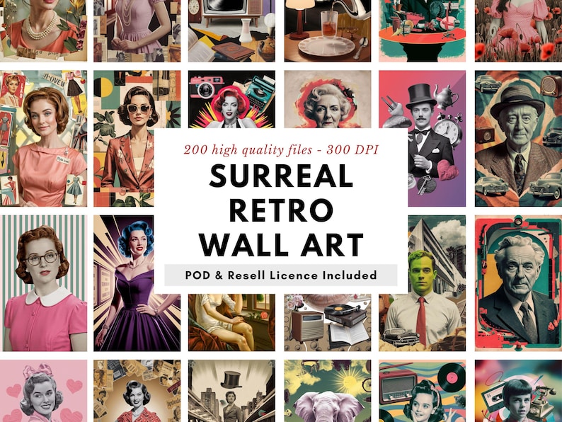 Retro Vintage Collage Wall Art Bundle, 200 Funky Printable Posters, Mid ...