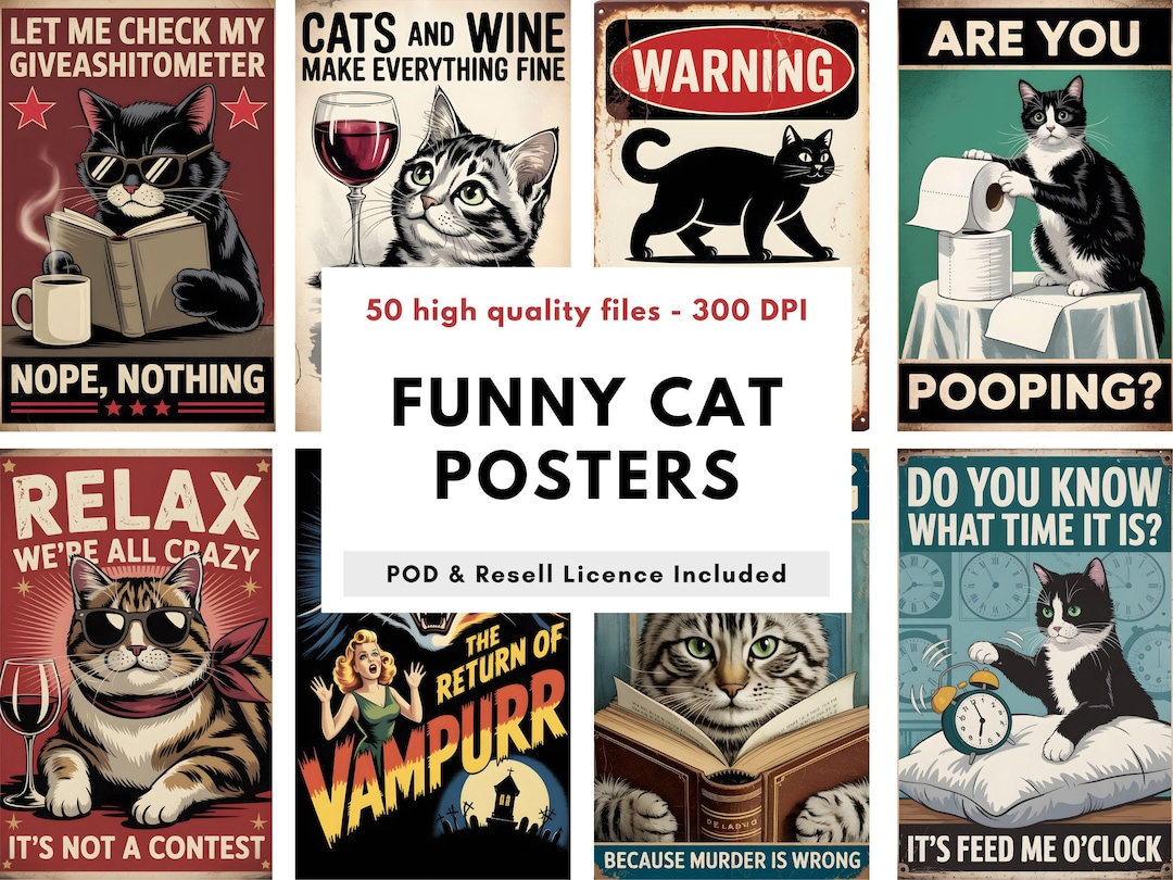 Funny Cat Posters Bundle | Printable Retro Cat Wall Art | Vintage Humor ...