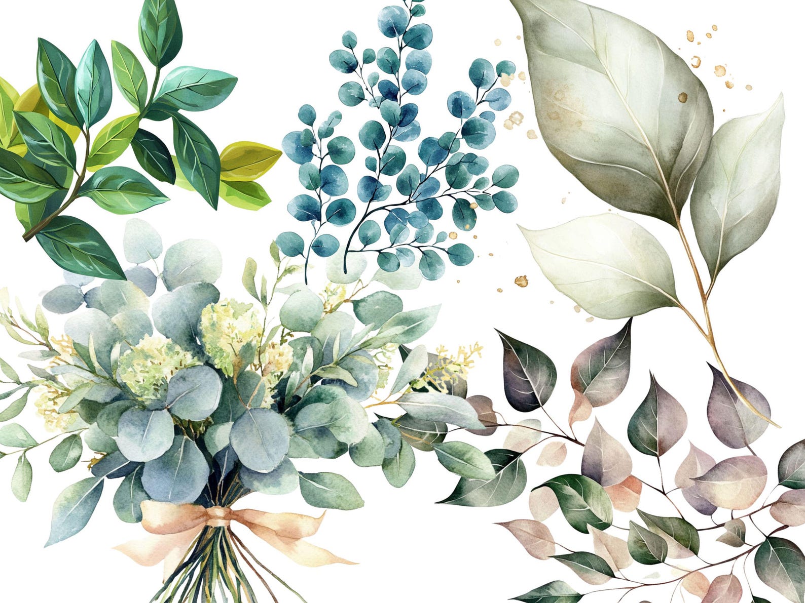 Watercolor Leaf Clipart Bundle: Botanical Greenery PNG (digital ...