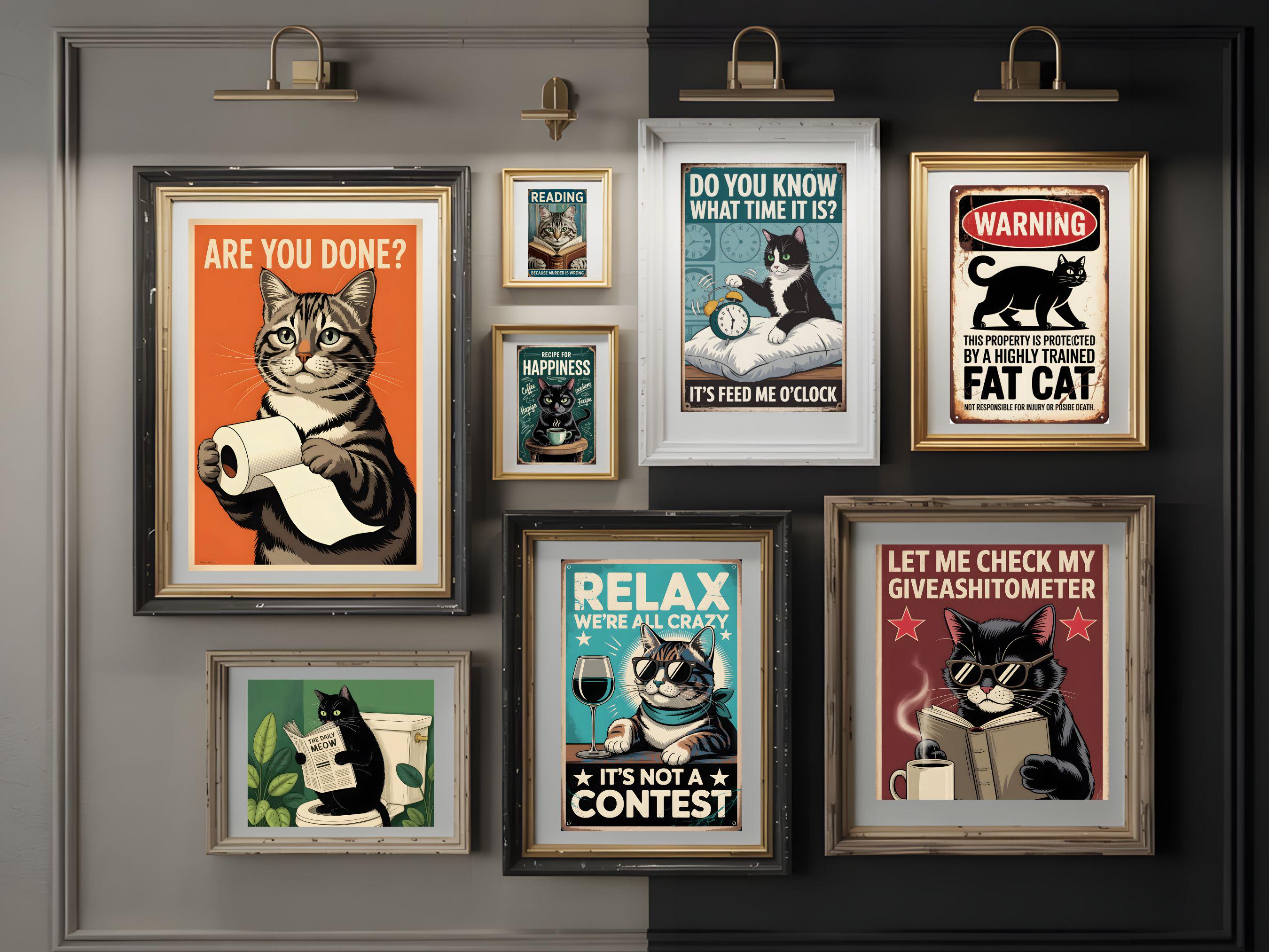 Funny Cat Posters Bundle | Printable Retro Cat Wall Art | Vintage Humor ...