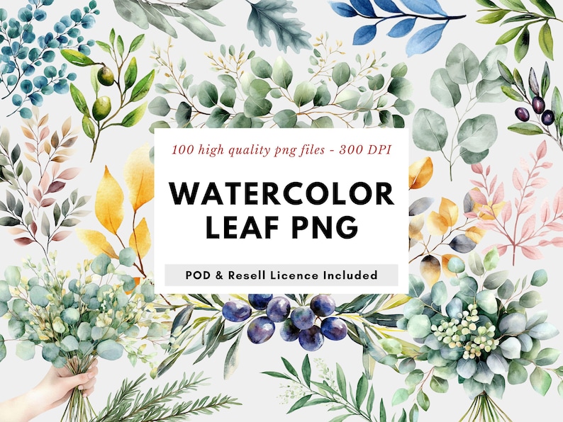 Watercolor Leaf Clipart Bundle - Botanical Greenery PNG, Hand-painted ...