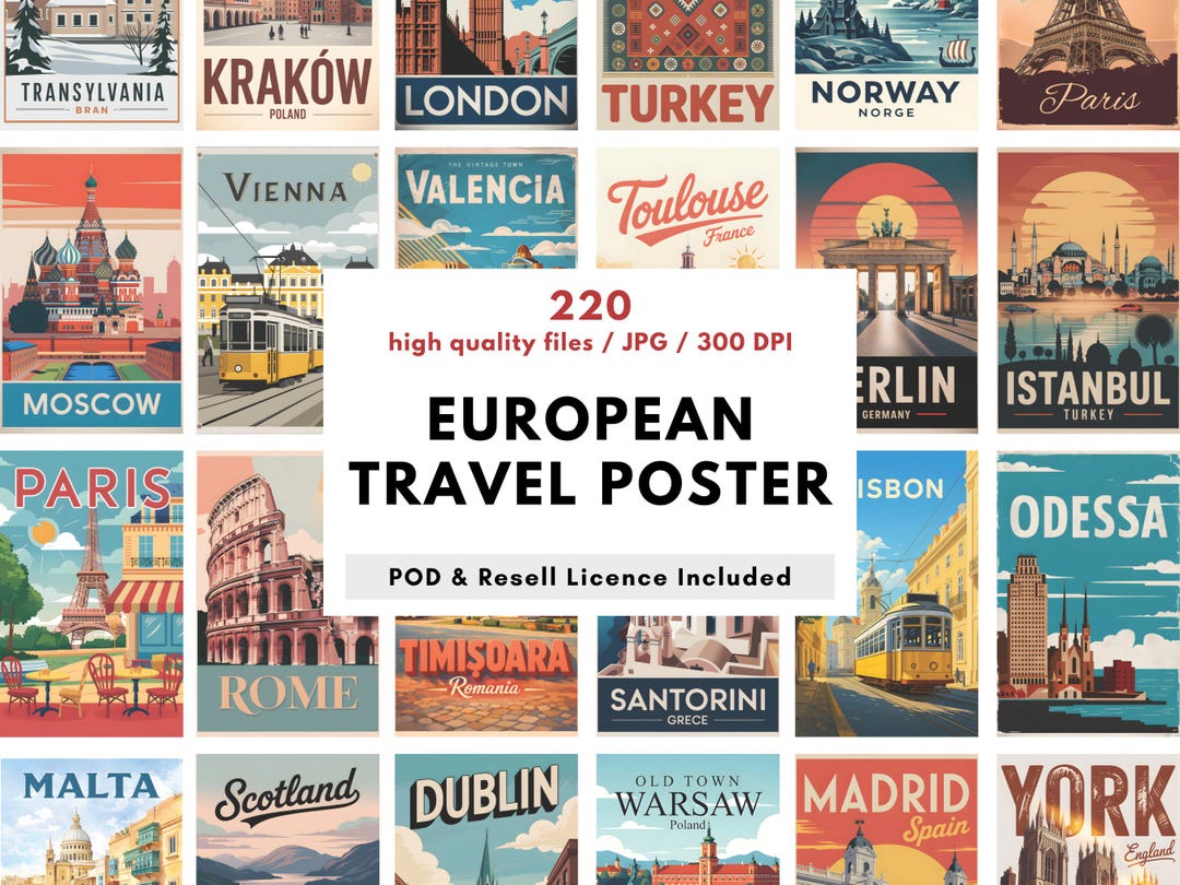 220 Europe Travel Poster Bundle – Printable Wall Art of European Cities ...
