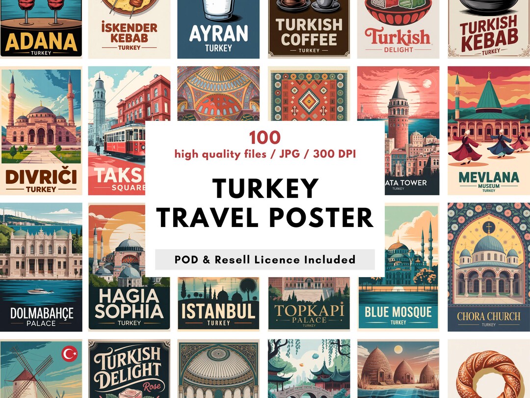 Turkey Travel Poster Bundle – 100 Vintage Turkish Art Prints (digital ...