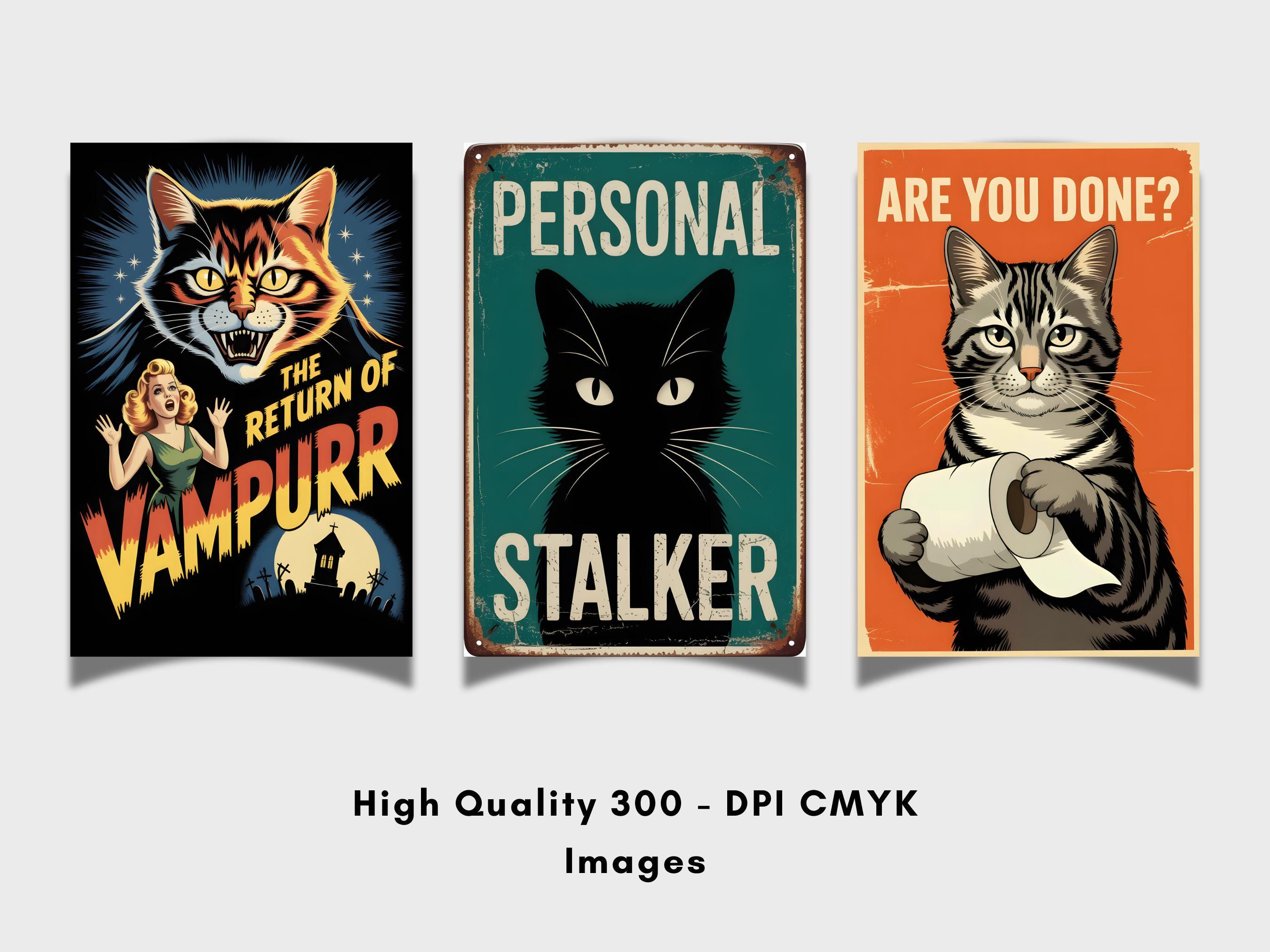 Funny Cat Posters Bundle | Printable Retro Cat Wall Art | Vintage Humor ...