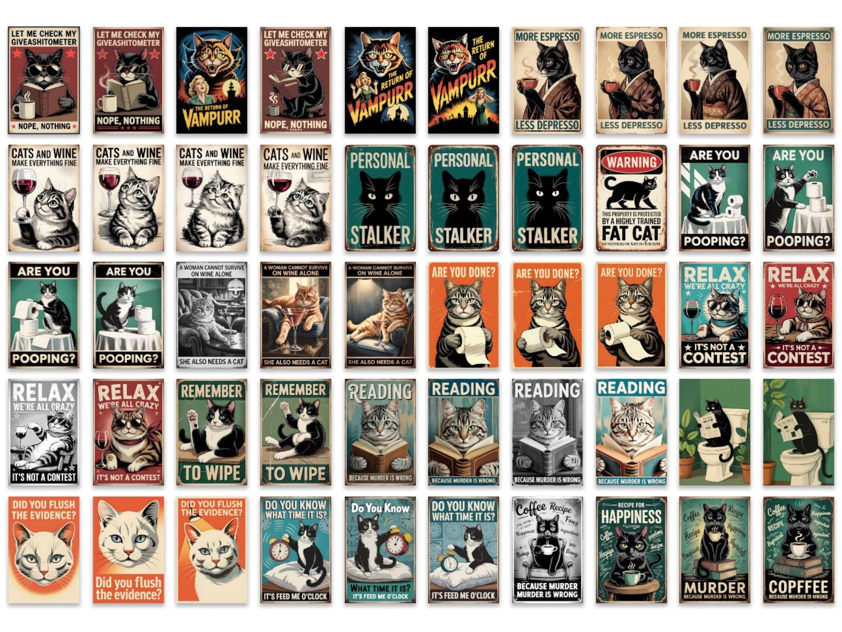 Funny Cat Posters Bundle | Printable Retro Cat Wall Art | Vintage Humor ...