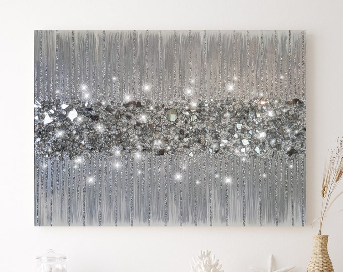 Glitter Wall Art, Silver Glitter Glass Painting, Glitter Painting ...