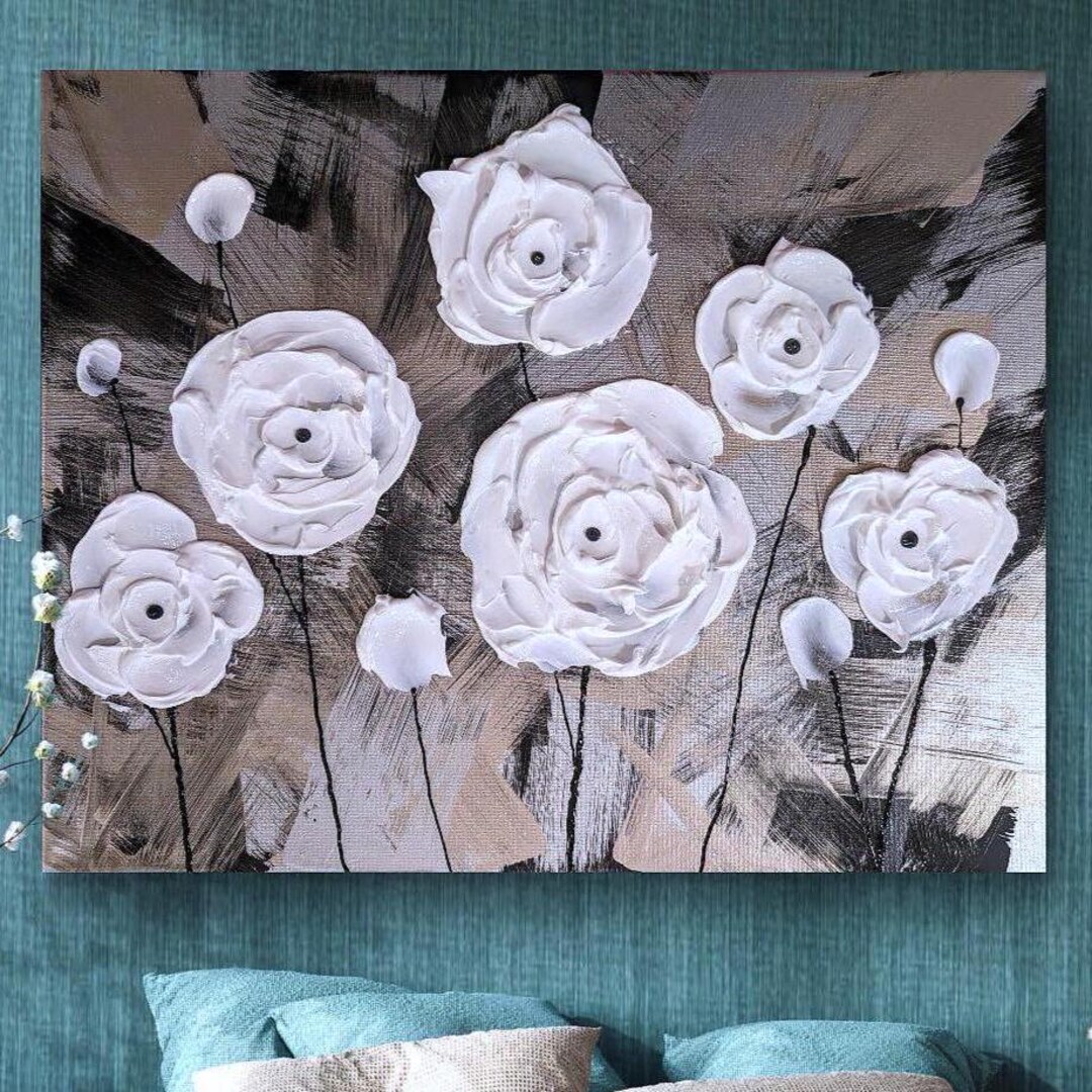 3D Texture Flowers Painting on Canvas, White Flower Home Decor, Floral ...