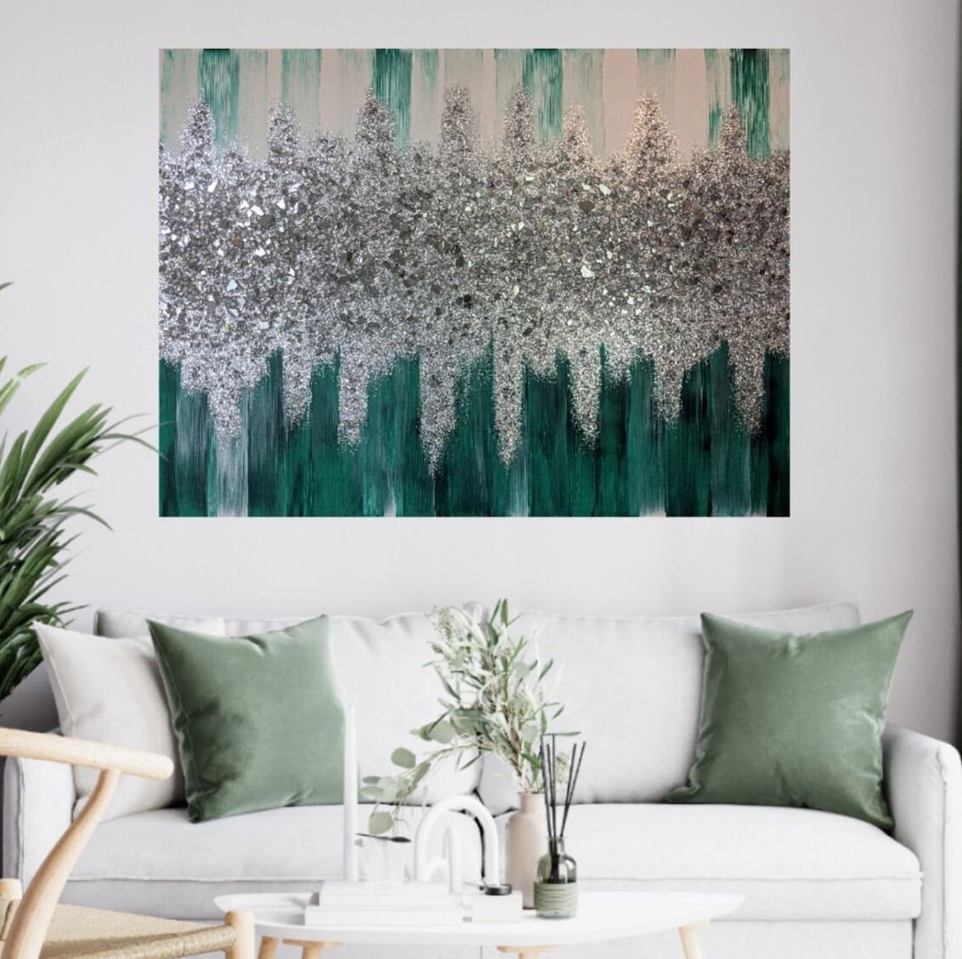 Green Glitter & Glass Wall Art, Glitter Wall Art, Glitter Painting ...