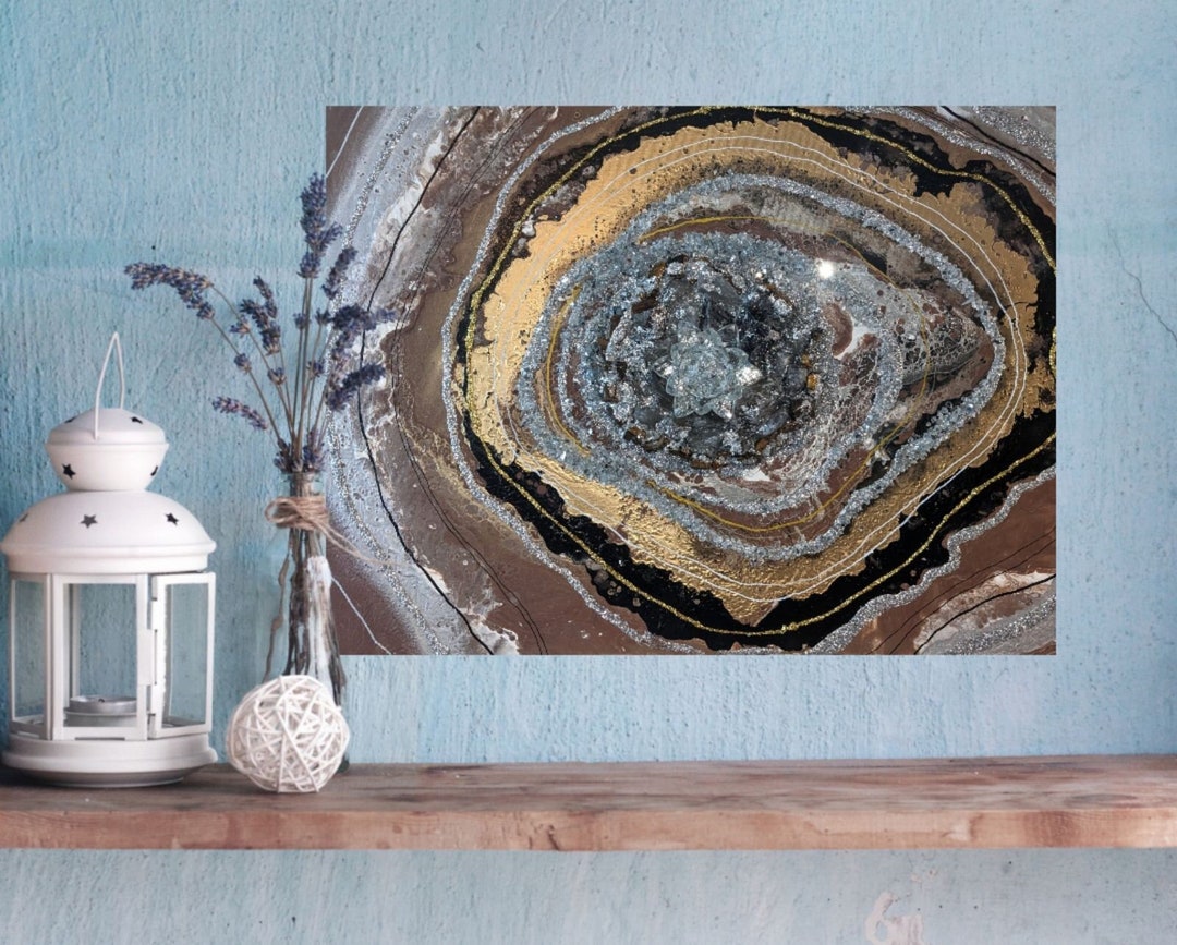 Geode Painting With Lotus, Smoky Quartz, Tiger's Eye, Brown Geode Art ...