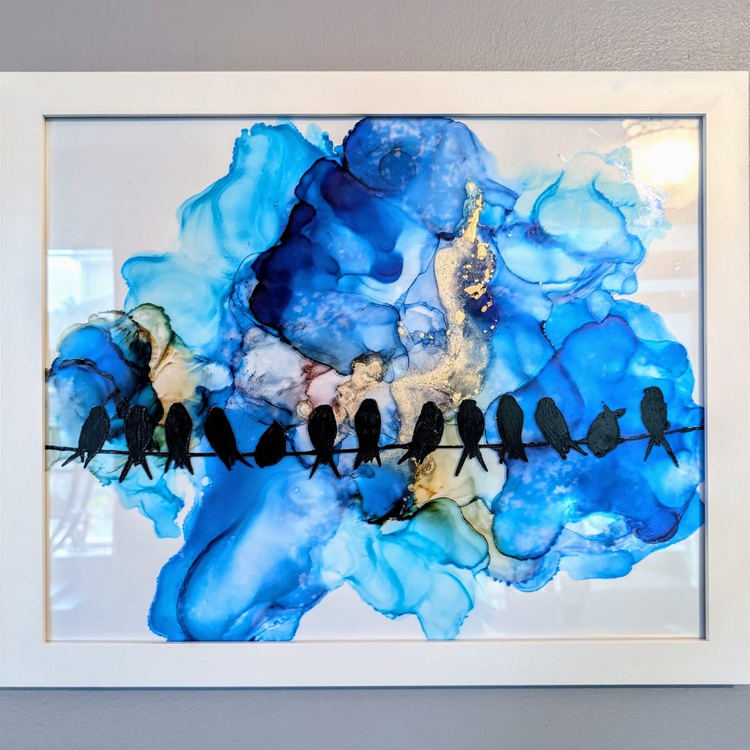 Alcohol Ink Painting on Glass 'vast Blue Sky' | Birds on a Wire ...