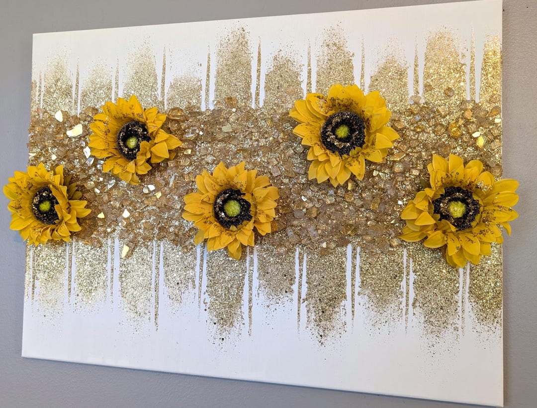 Sunflower Glam Glitter Glass Painting, Crushed Glass Wall Art, Yellow ...