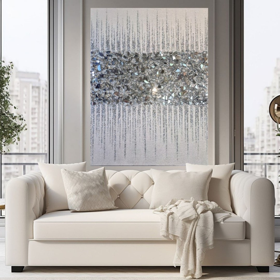 Silver White Glam Glass Glitter Wall Art, Silver Glitter Glass Painting ...