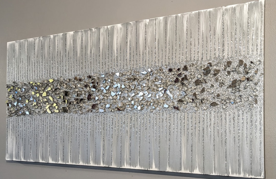 Glitter Wall Art Silver Abstract Painting, Sparkling Modern Silver ...