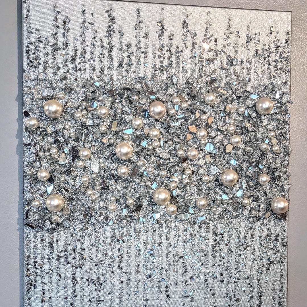 Silver & Pearls Glitter Wall Art, Silver Glitter Glass Painting, Glam ...