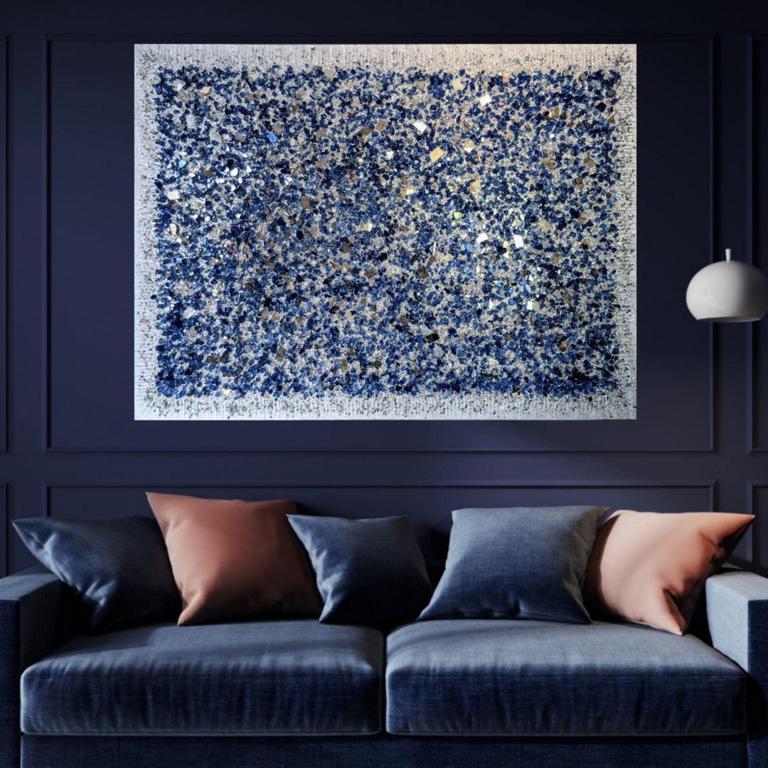 Dark Blue Glitter & Glass Painting, Crushed Glass Wall Art, Blue ...
