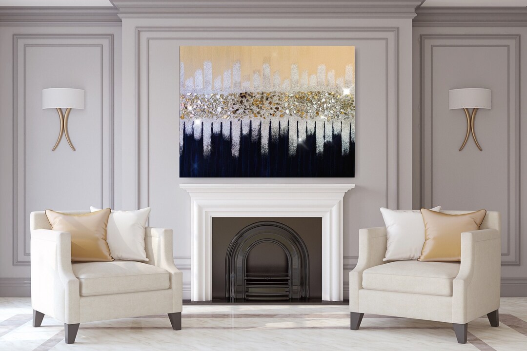 Glam Navy Gold Silver Glitter Painting, Glitter Glass Wall Art, Navy ...