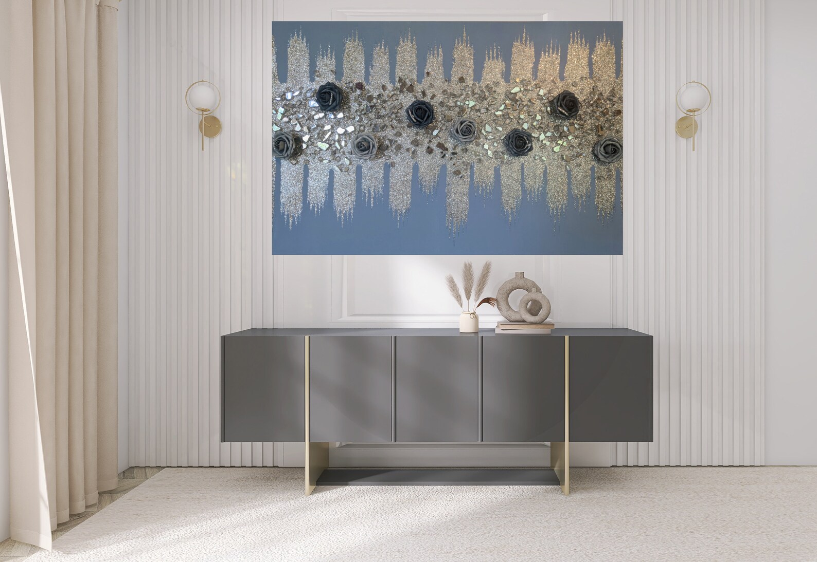 French Blue Roses Glitter Glass Painting Glass Wall Art Blue - Etsy