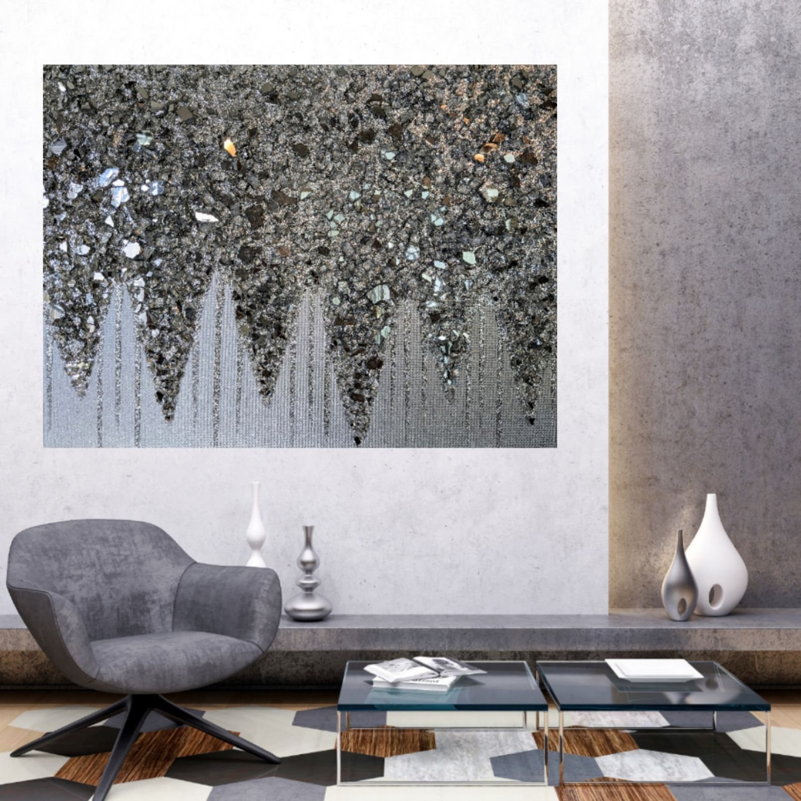 Silver Glam Glitter Wall Art, Silver Glitter Glass Painting, Glitter ...