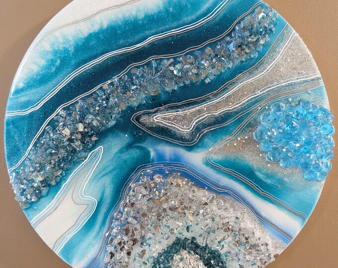 Teal Resin Quartz Geode Painting 20", Turquoise Abstract Agate Original ...