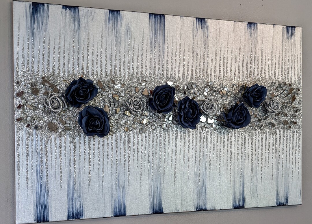 Navy Roses Glitter Glass Painting Navy Glitter Glass - Etsy