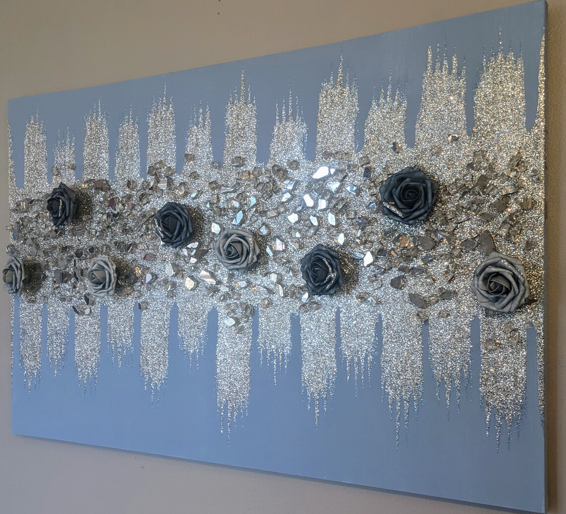 French Blue Roses Glitter Glass Painting Glass Wall Art Blue - Etsy