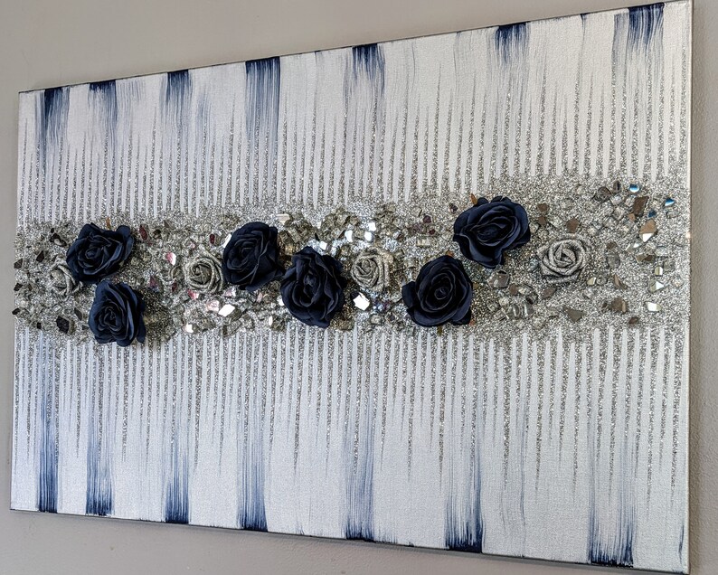 Navy Roses Glitter Glass Painting Navy Glitter Glass - Etsy