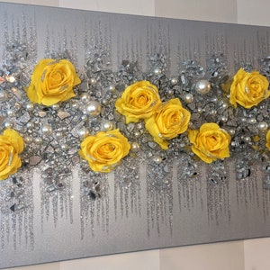 Yellow Roses Glitter Glass Painting, Glass Wall Art, Yellow Glitter Art ...
