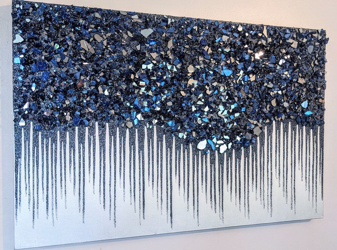 Navy Decor Glitter & Glass Glam Wall Art – Modern Navy Silver Crushed ...
