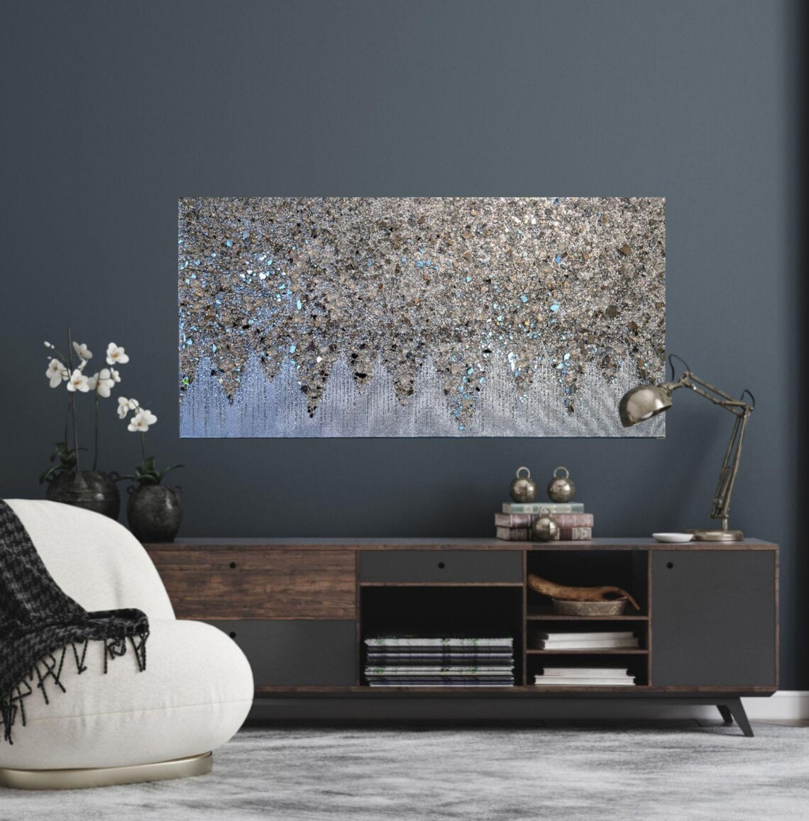 Stunning Silver Glam Glass Glitter Wall Art, Silver Glitter Glass ...