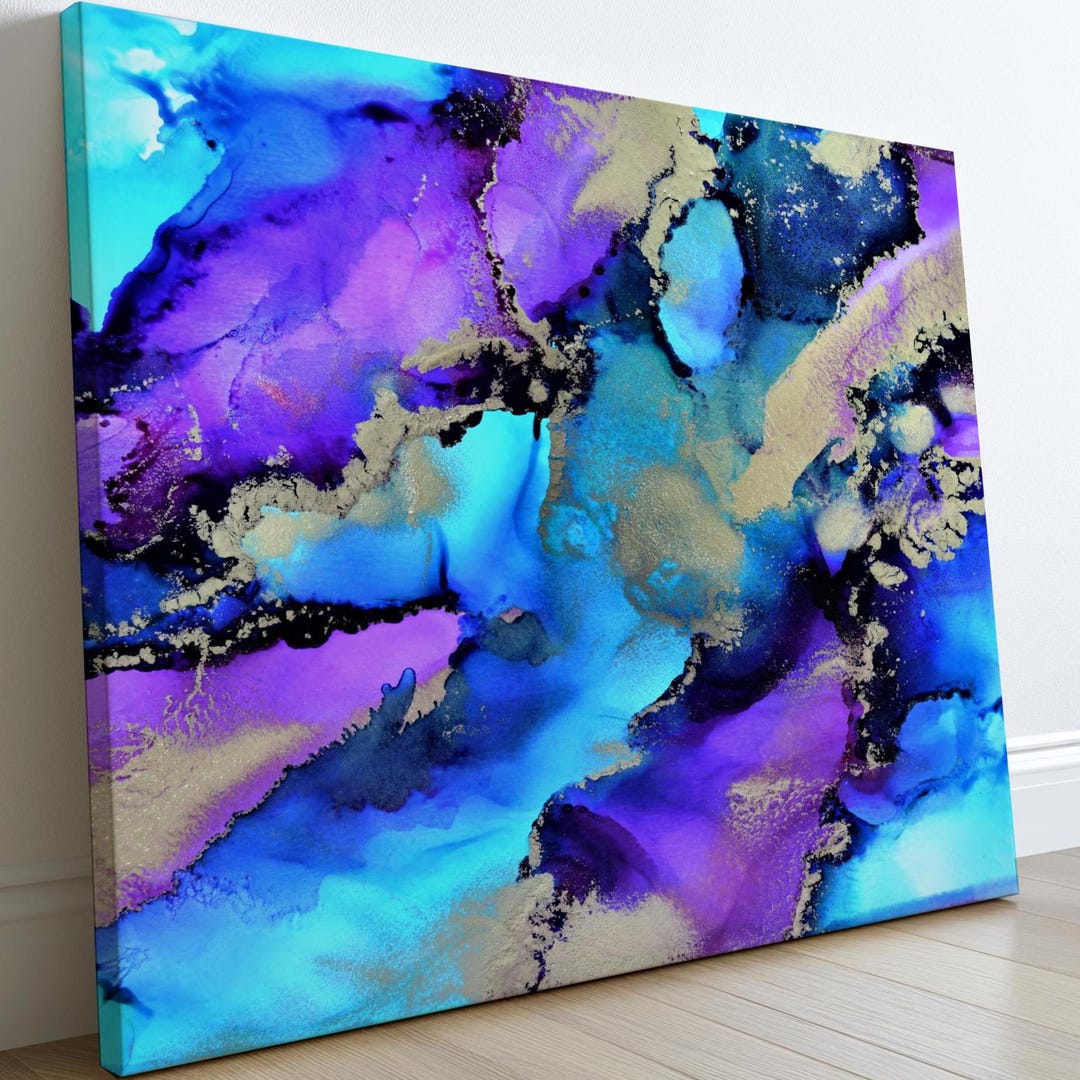 Abstract Modern Alcohol Ink Art Canvas, Purple Turquoise Vibrant Home ...