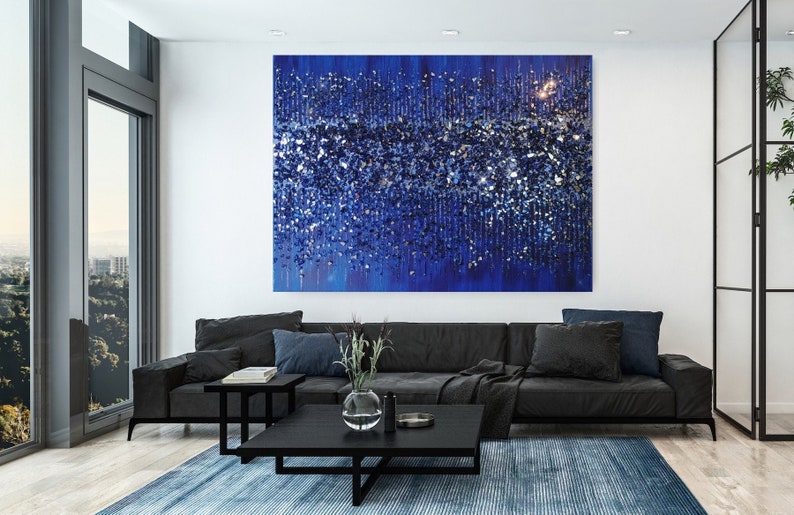 Deep Sea Blue Glitter & Glass Painting, Crushed Glass Wall Art, Blue ...