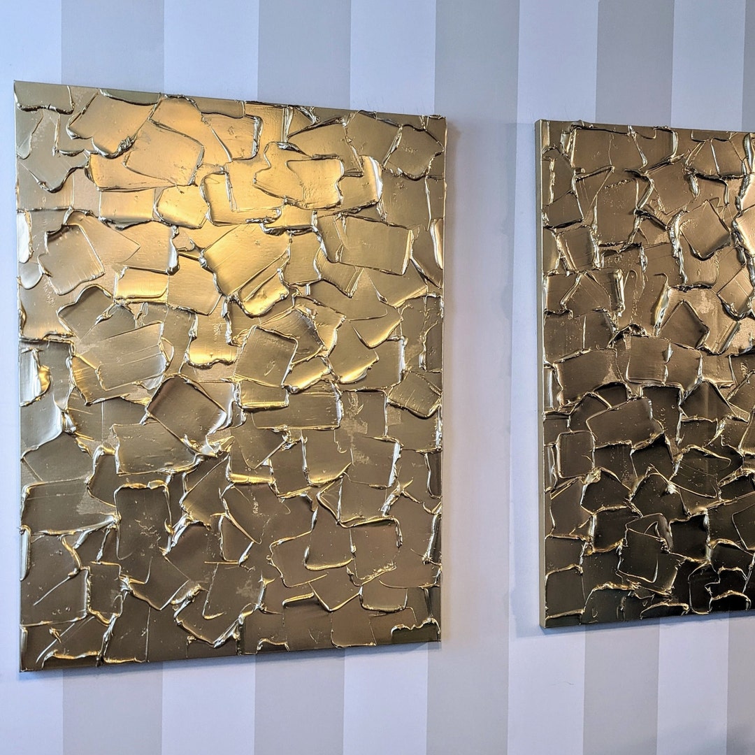 Set 2 Huge Abstract Gold Texture Paintings, Metallic Wall Art Painting ...