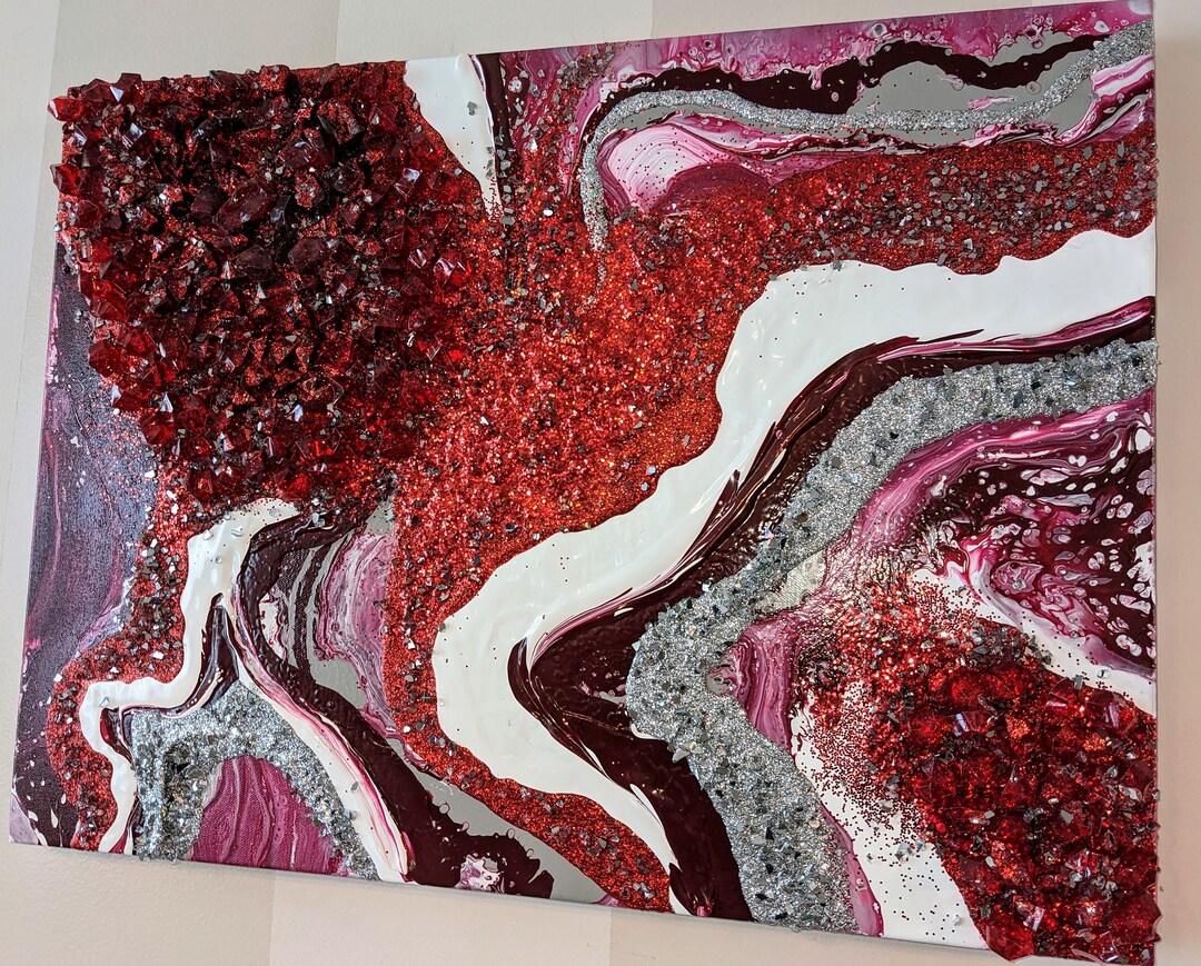 Geode Painting, Red Geode Art, Red Geode Painting, Glam Art, Crushed Glass Art, Glitter Wall Art ...